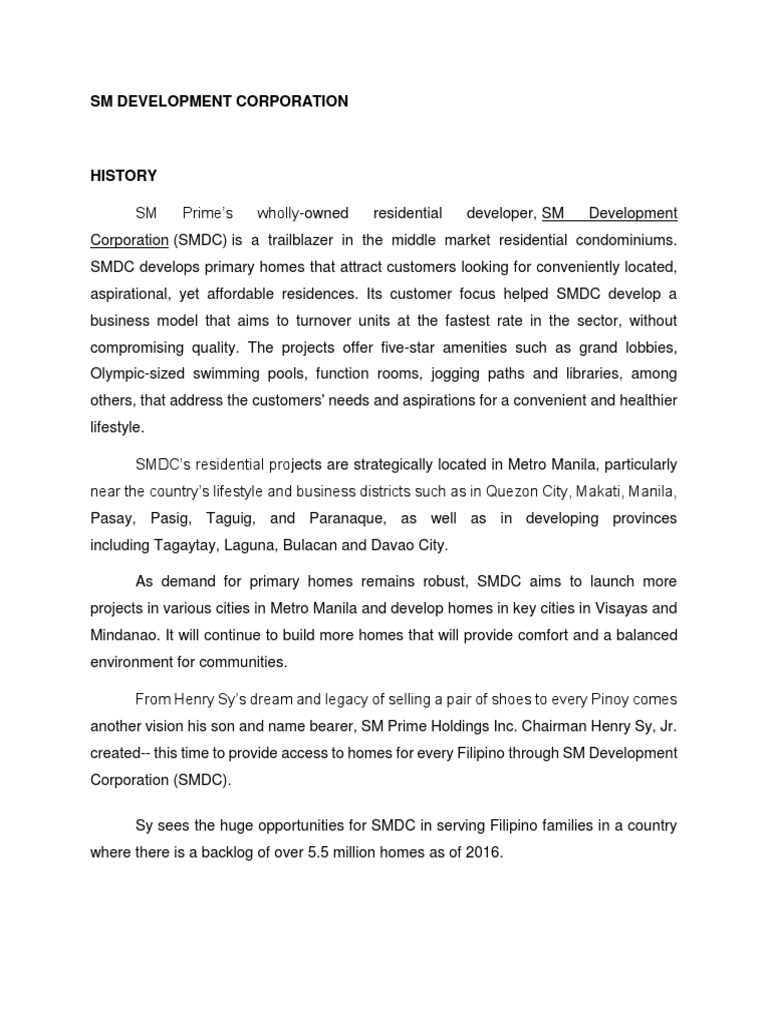 SM Development Corporation Overview | PDF | Metro Manila | Economies
