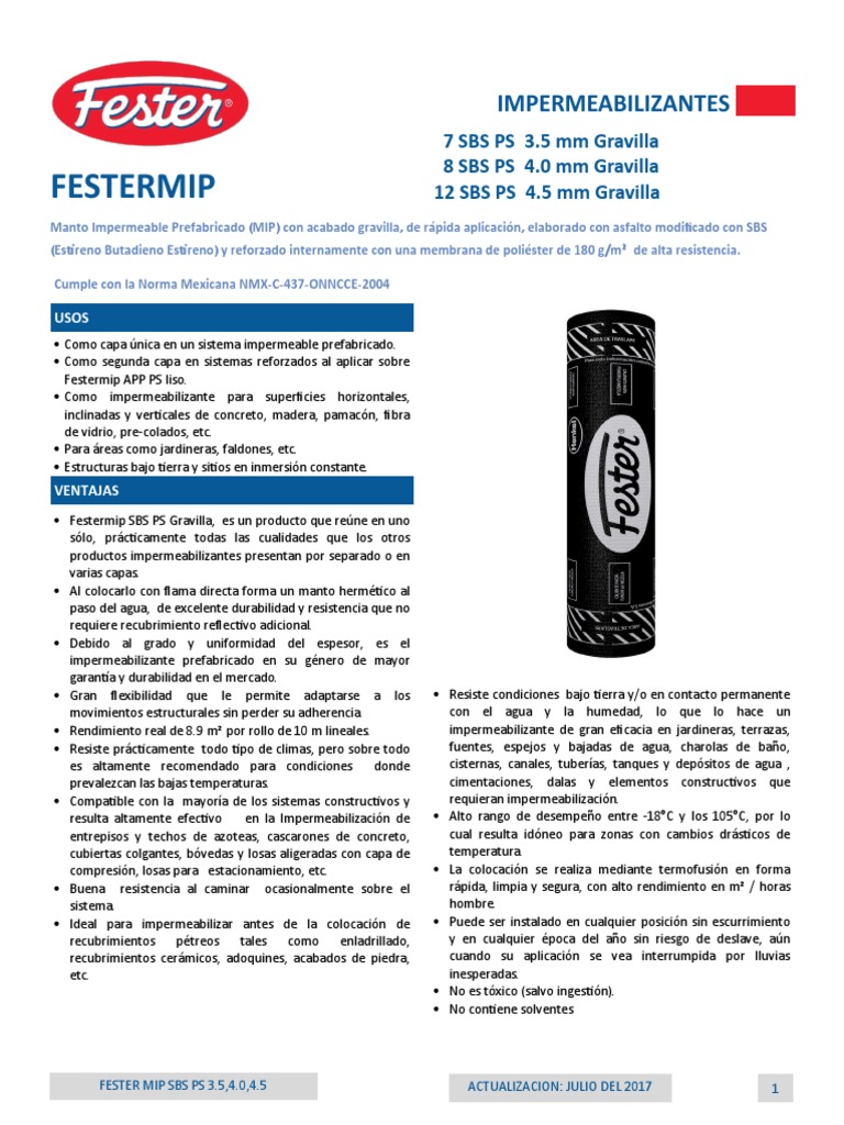 26.festermip SBS PS 3.5 - 4.0 y 4.5mm Gravilla Ok, Jul 2017 MKT01 | PDF | Hormigón | Agua