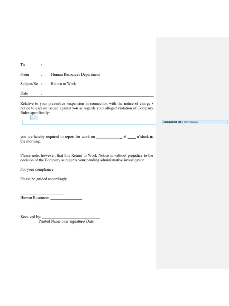 Sample Return To Work | PDF