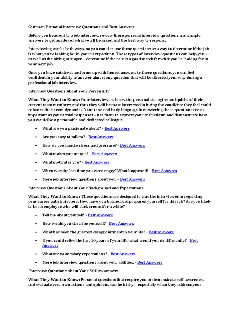 Common Personal Interview Questions and Best Answers | PDF | Job ...