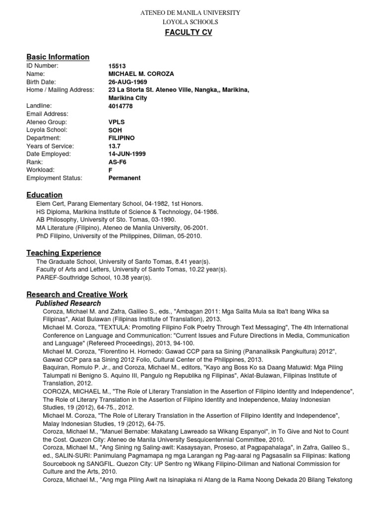 Michael M. Coroza: Faculty Profile | PDF | Manila | Philippines