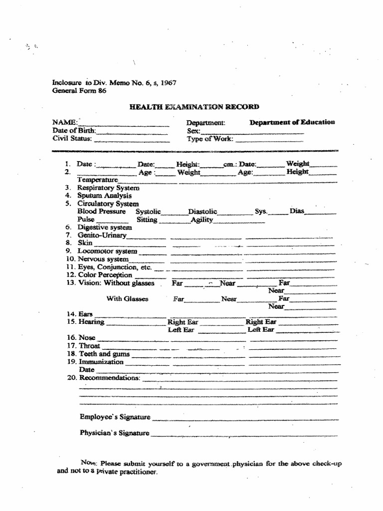 Gen. Form 86 Health Exam Rec | PDF