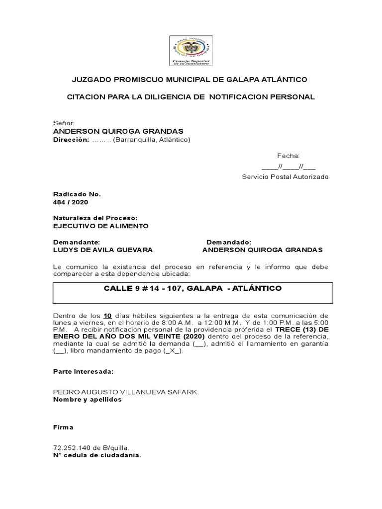 70 Formato de Citacion para Notificacion Personal Auto Admisorio de ... 70 Formato de Citacion para Notificacion Personal Auto Admisorio de ...