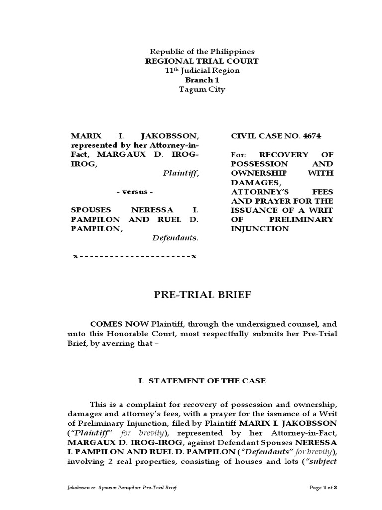 Pre Trial Brief | PDF | Discovery (Law) | Complaint