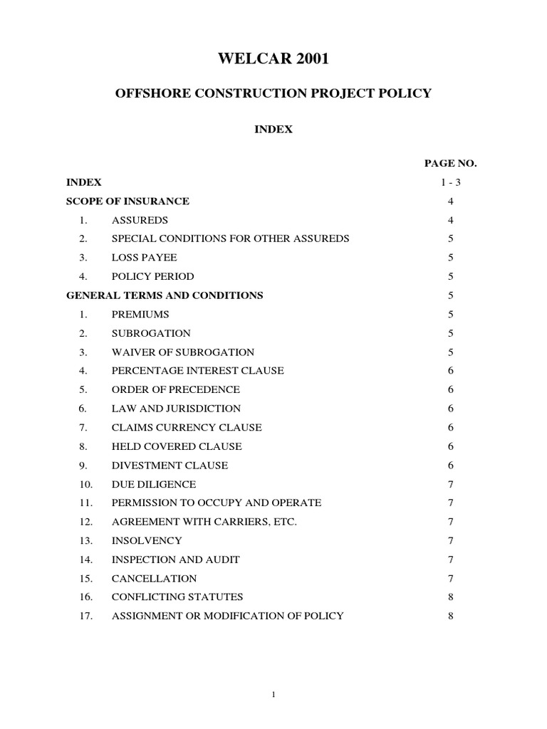 Welcar Offshore 2001 Policy | PDF | Liability Insurance | Insurance