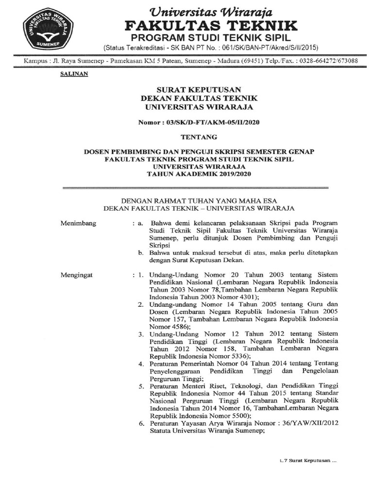 003 - Sk. Dekan Dosen Pembimbing & Penguji Skripsi SMT GNP 201920 SLN | PDF