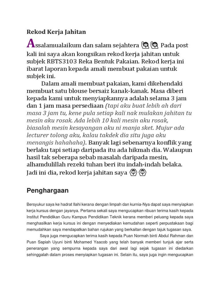 Rekod Kerja Jahitan | PDF