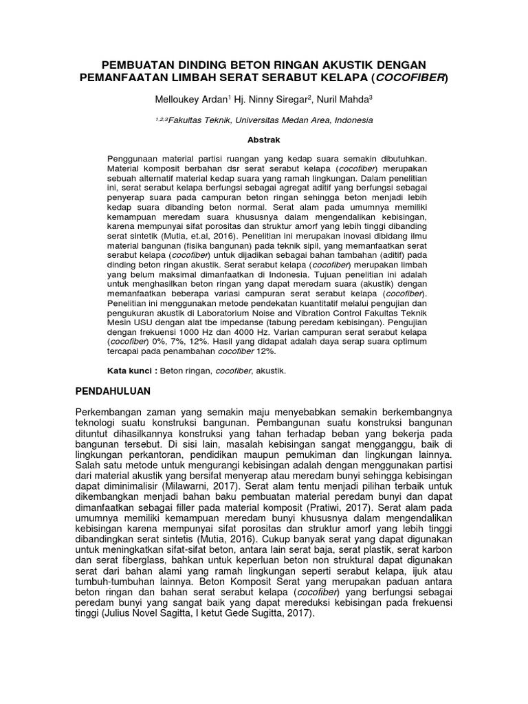 Jurnal - Pembuatan Dinding Beton Ringan Akustik Dengan Pemanfaatan Limbah Serat Serabut Kelapa ...