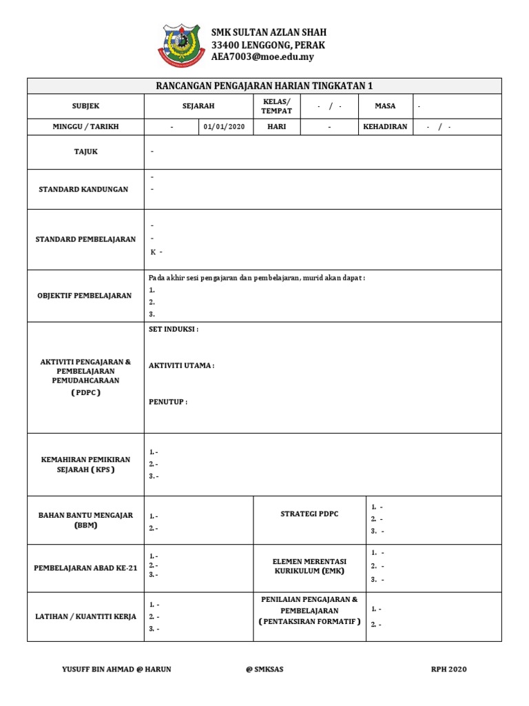 Template RPH Tingkatan 1, Sej 2020 | PDF