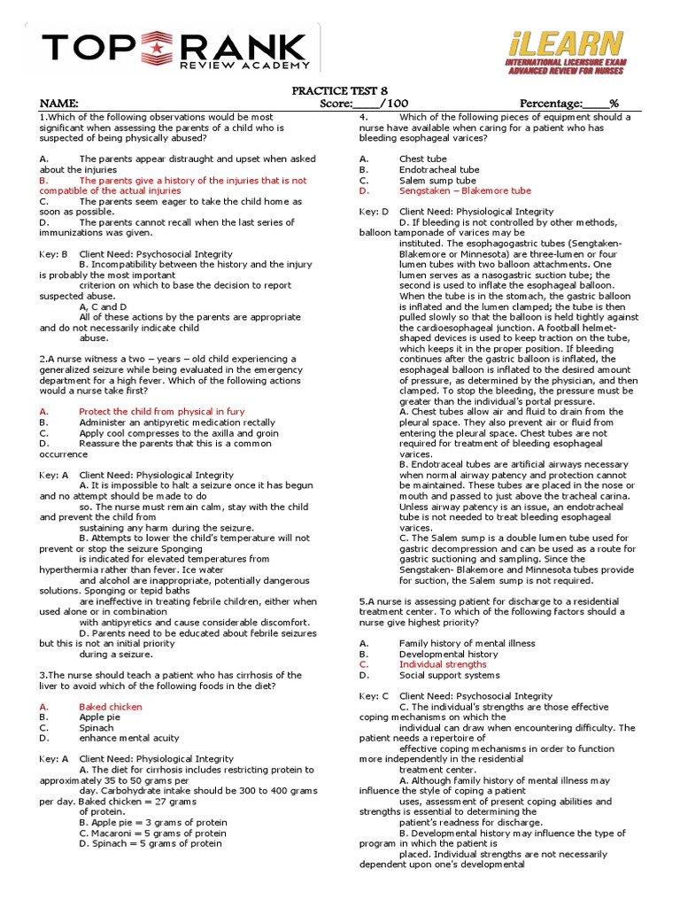 Practice Test 8 ANSWER KEY | Download Free PDF | Dialysis | Peritoneum