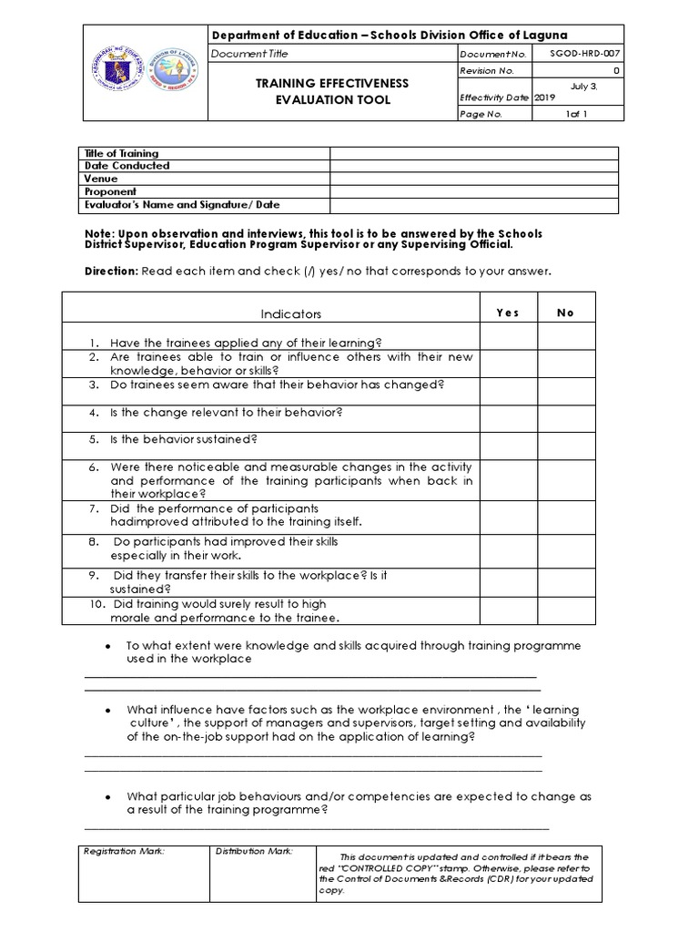 Training Effectiveness Evaluation Form | PDF | Behavior | Applied ...