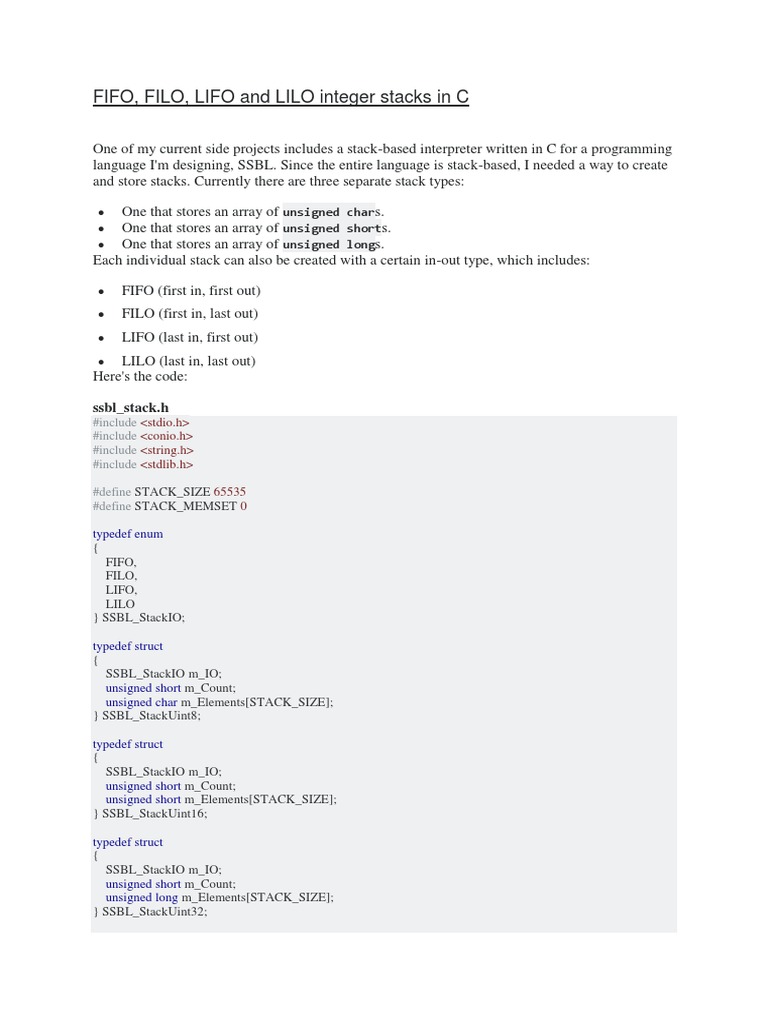 FIFO, FILO, LIFO and LILO Integer Stacks in C | PDF | Software ...