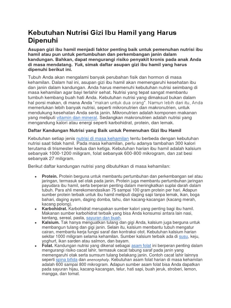 Tugas KDI 2 Kebutuhan Nutrisi Gizi Ibu Hamil Yang Harus Dipenuhi | PDF