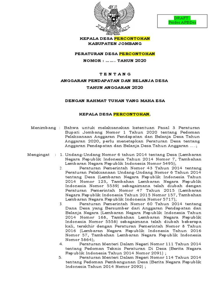 Contoh PERDES APBDES 2020 | PDF