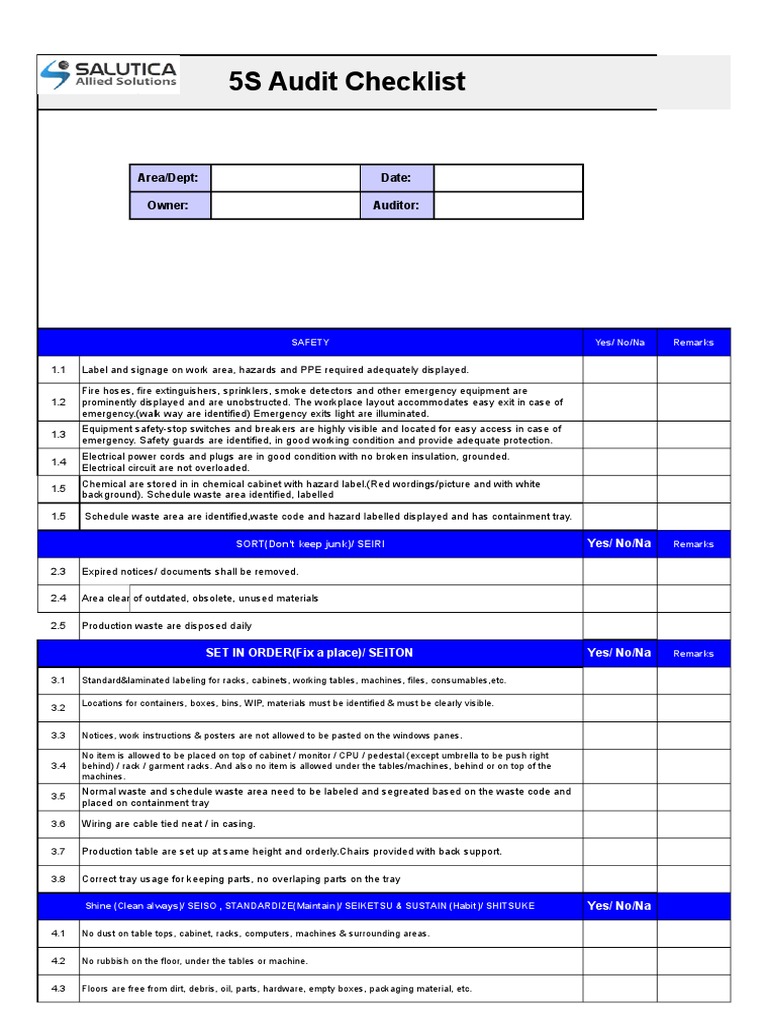 5S Audit Checklist Template | PDF | Equipment | Manufactured Goods