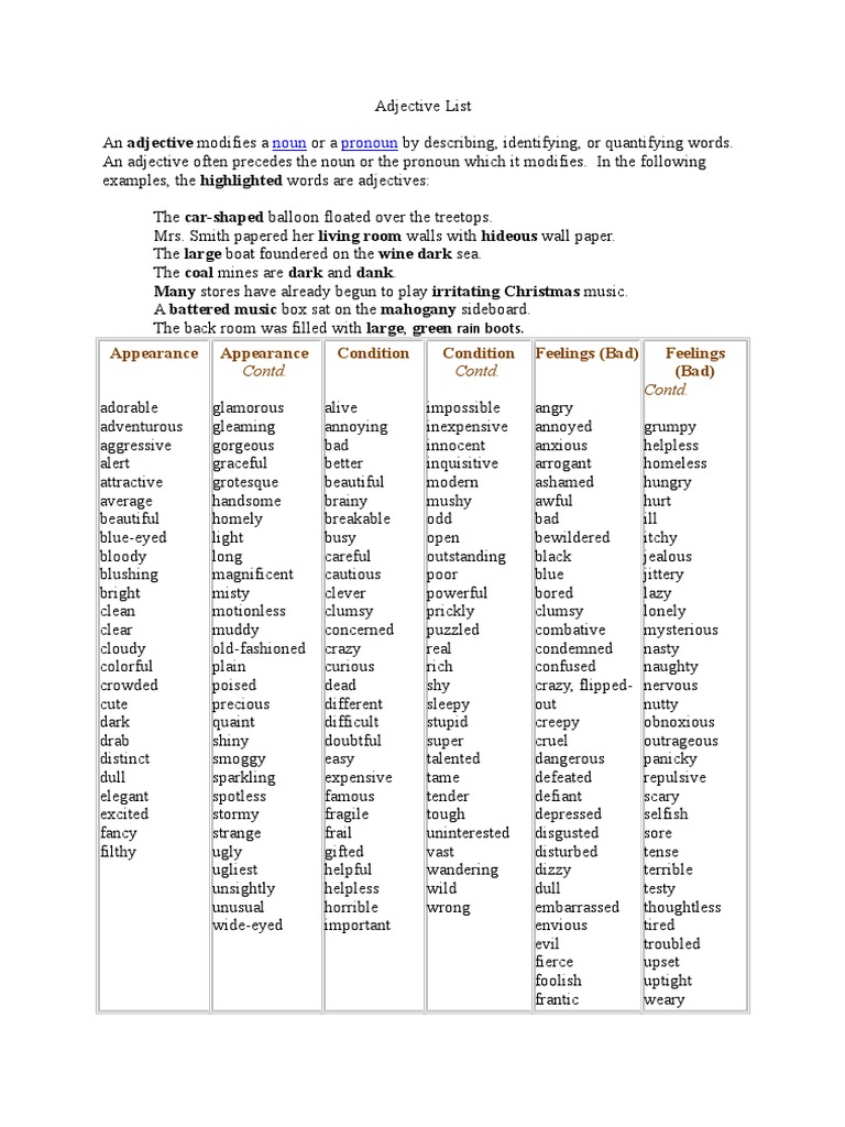 Adjective List | PDF | Semantic Units | Linguistic Morphology