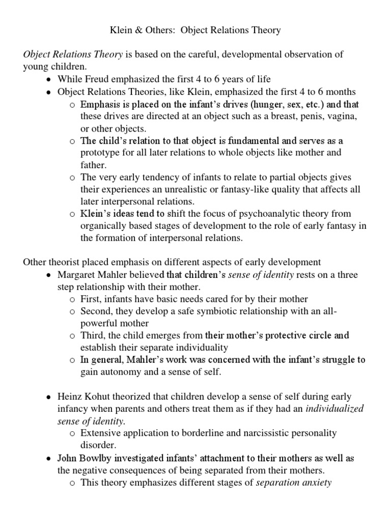 Klein and Others - Object Relations Theory Outline Notes | Download ...
