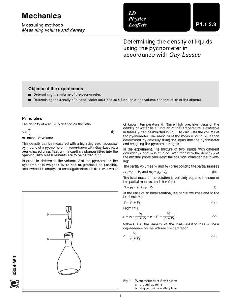 Determination The Density of Liquids Using The Pycometer | PDF