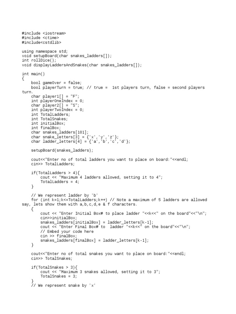 Snakes and Ladders Game in C | PDF | Computer Programming | Software ...