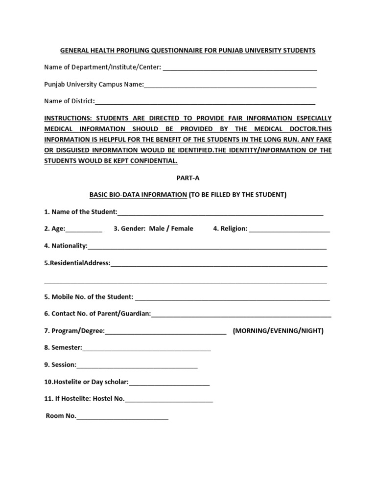 Student Health Profiling Questionnaire | PDF | Physical Examination ...