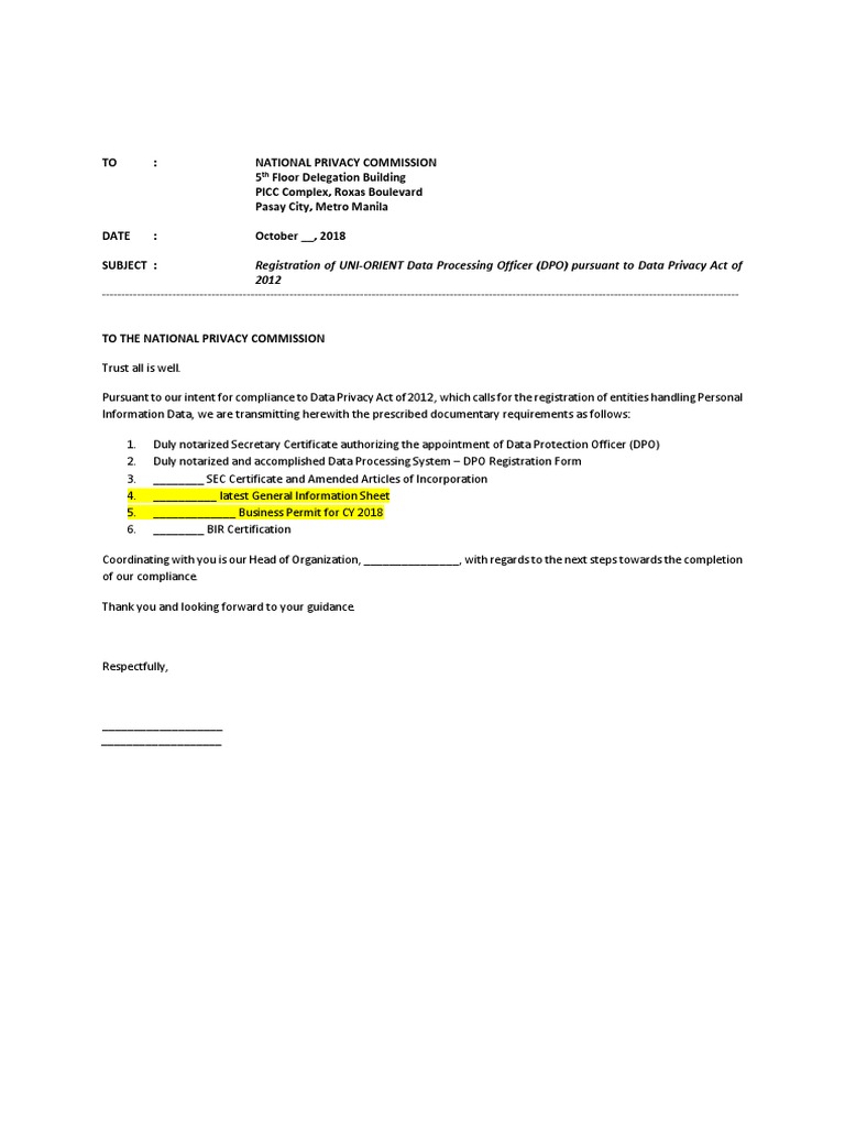 NPC Cover Letter - Registration of DPO | PDF