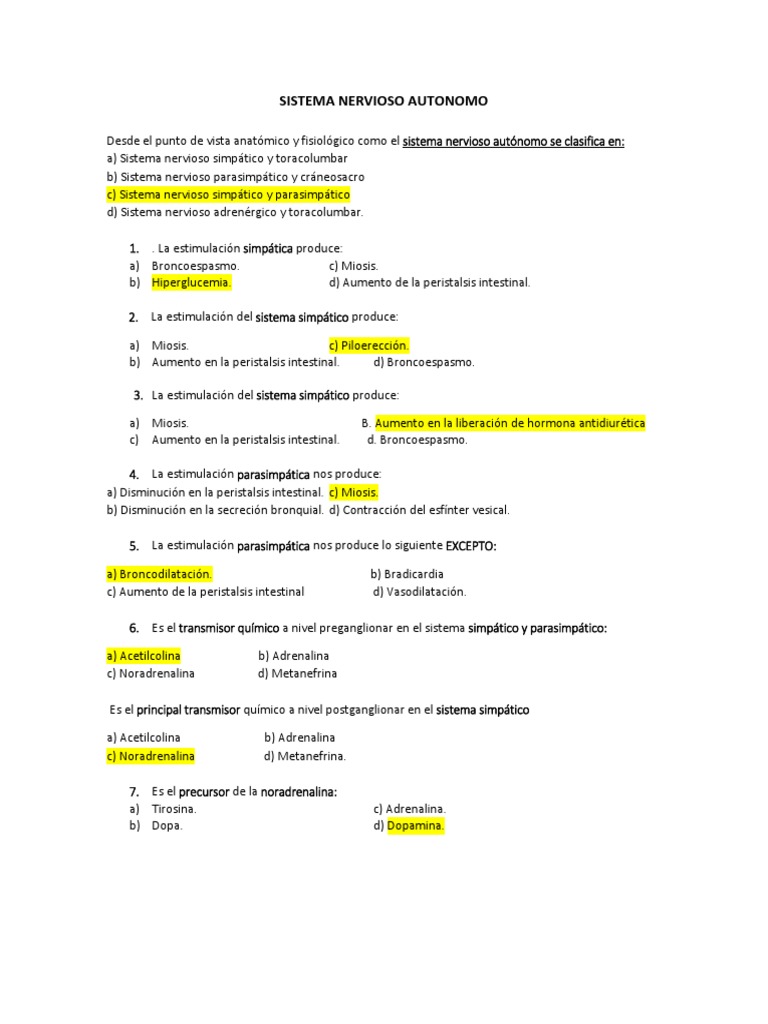 Cuestionario Sist Nerv Autonomo | PDF | Norepinefrina | Acetilcolina