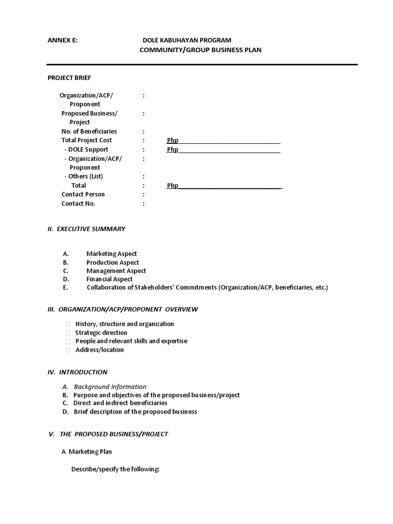 DOLE Kabuhayan Program Community or Group Business Plan Template PDF ...