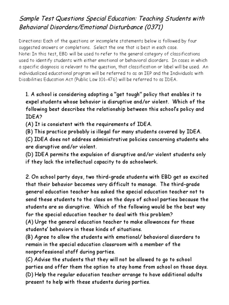 Sample Test Questions Special Education | PDF | Special Education ...