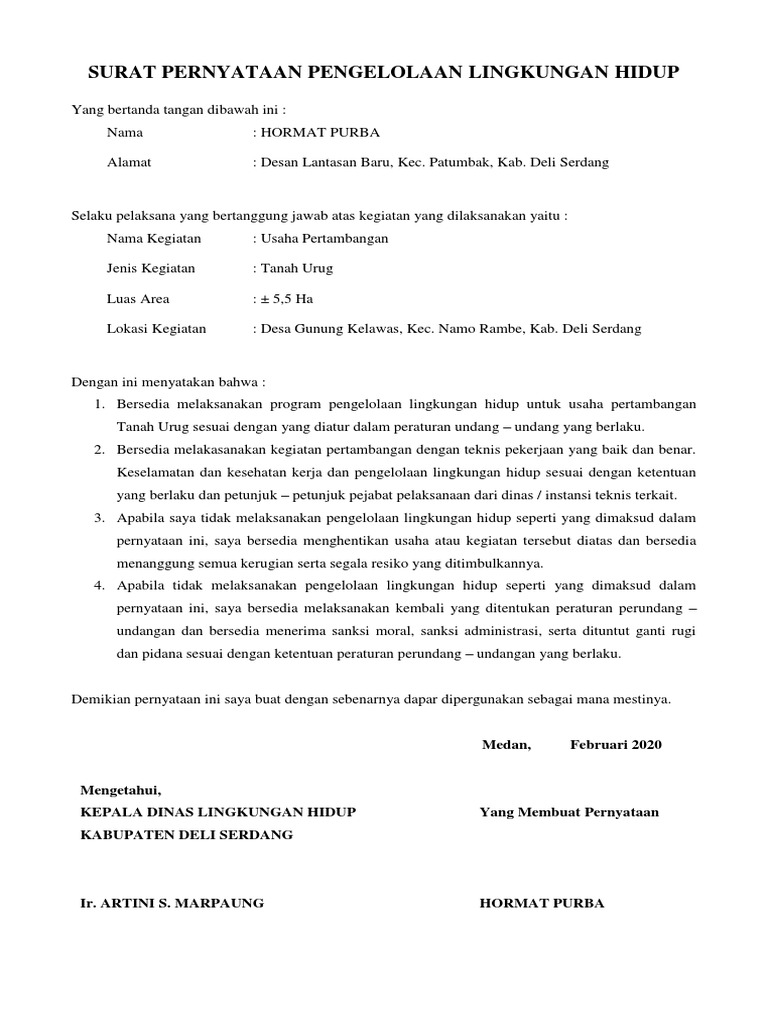 Surat Pernyataan Pengelolaan Lingkungan Hidup | PDF
