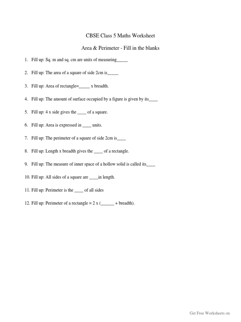 Fill in The Blanks CBSE Class 5 Worksheet | PDF
