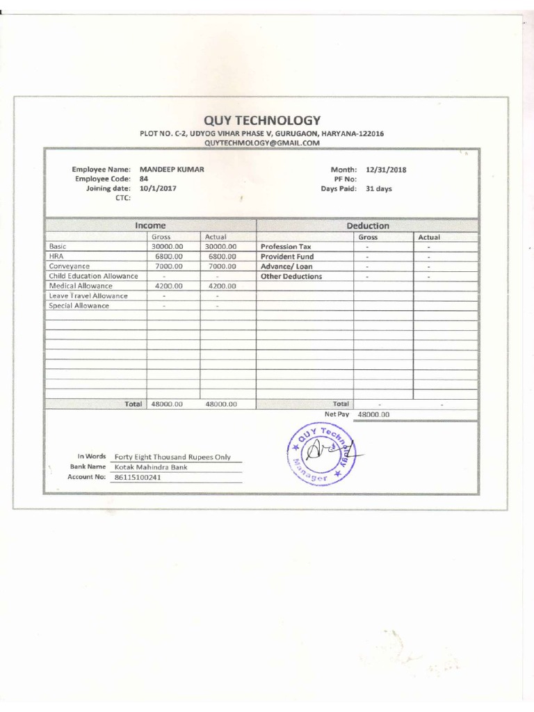 Mandeep Kumar Salary Slip | PDF