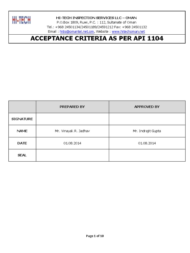 API 1104 Acceptance Criteria | PDF