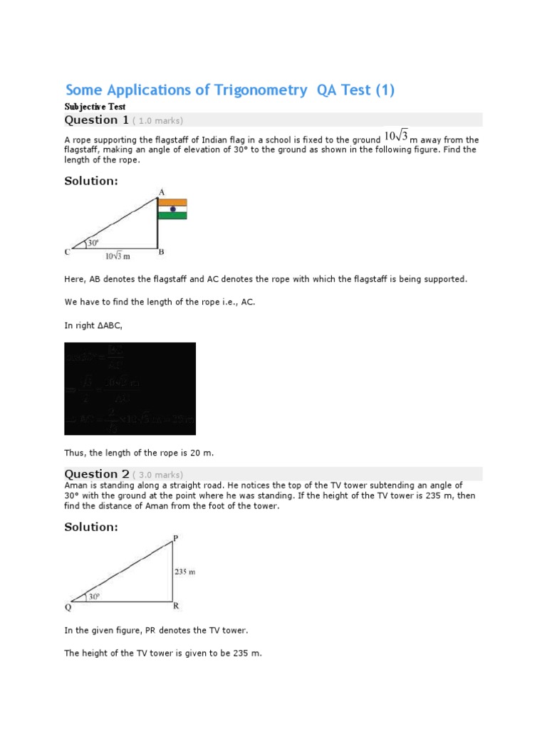 Trigonometry Applications: QA Test | PDF | Angle | Elementary Geometry