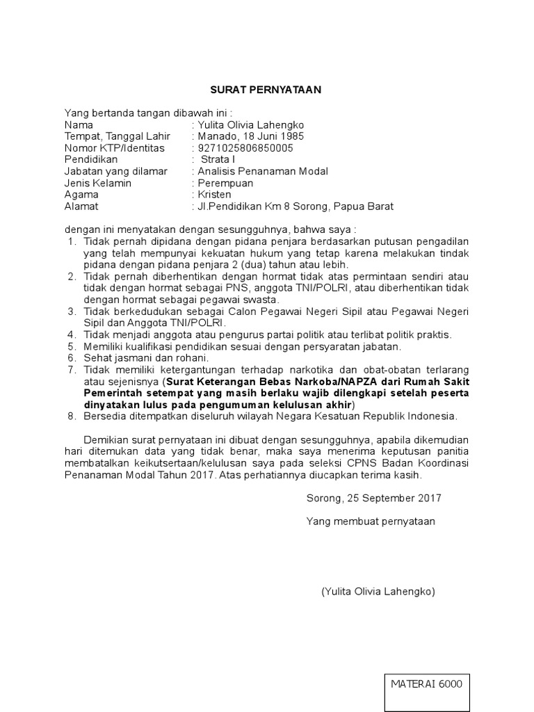 BKPM Surat Pernyataan | PDF