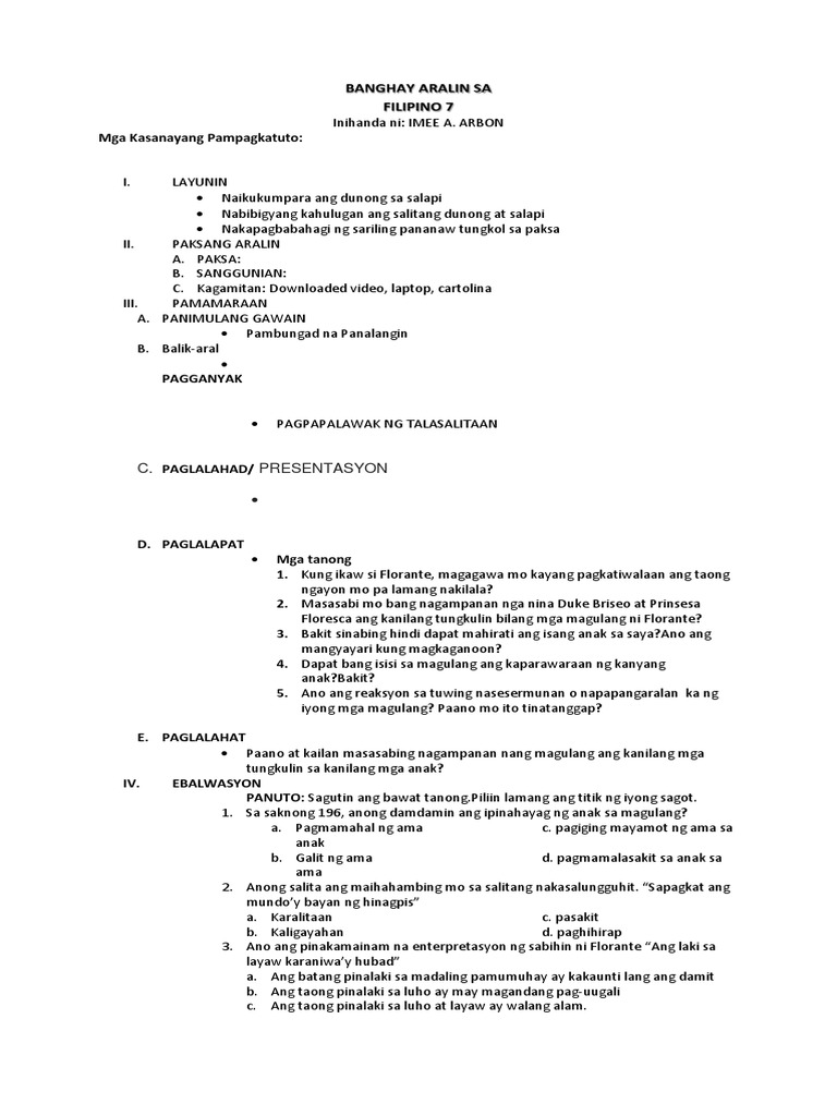Banghay Aralin Filipino 7 | PDF