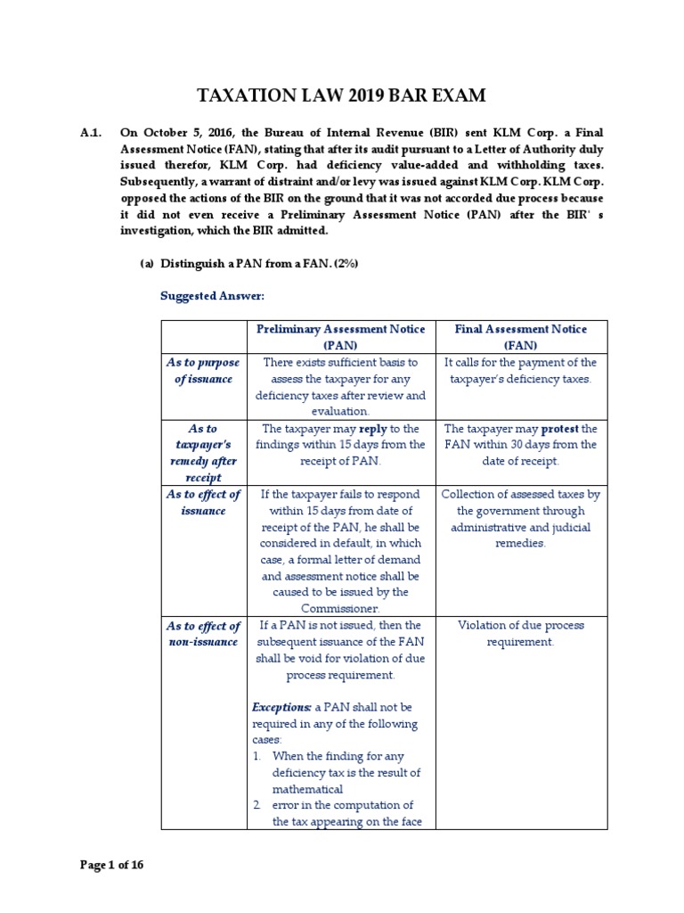 TAXATION LAW 2019 Bar Exam Suggested Answers | PDF