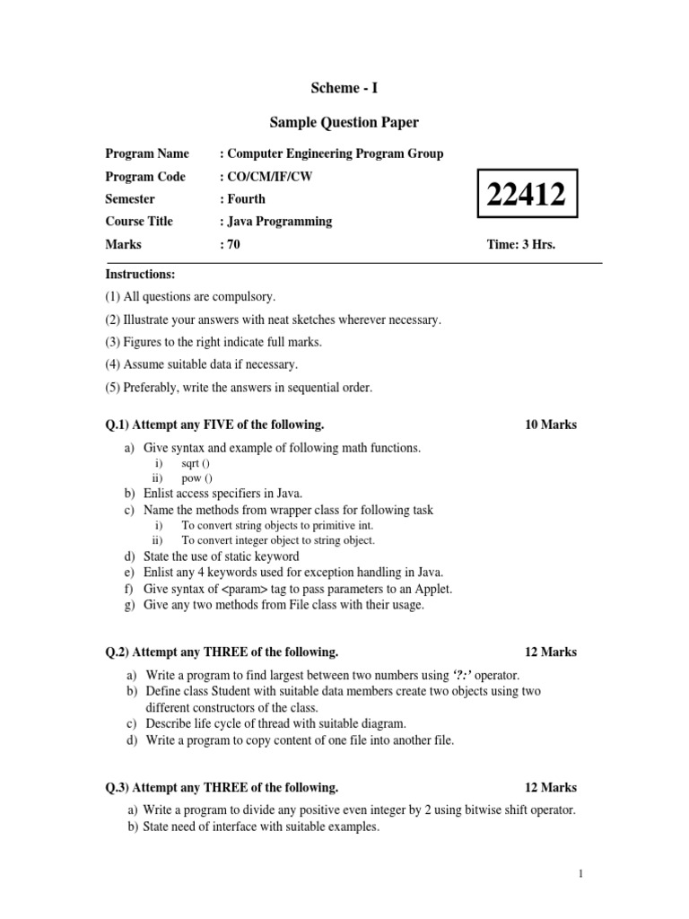 Sample Question Paper Java Programming Pdf Pdf C Programming Language Computer Program
