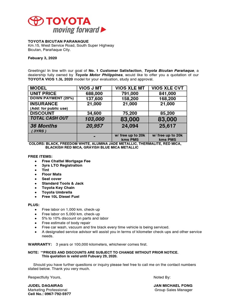 Toyota Vios Quotation | PDF | Finance & Money Management