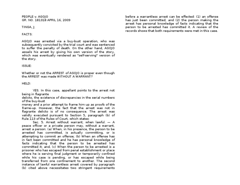 Validity of Warrantless Arrest in Agojo Case | PDF | Mystery, Thriller ...