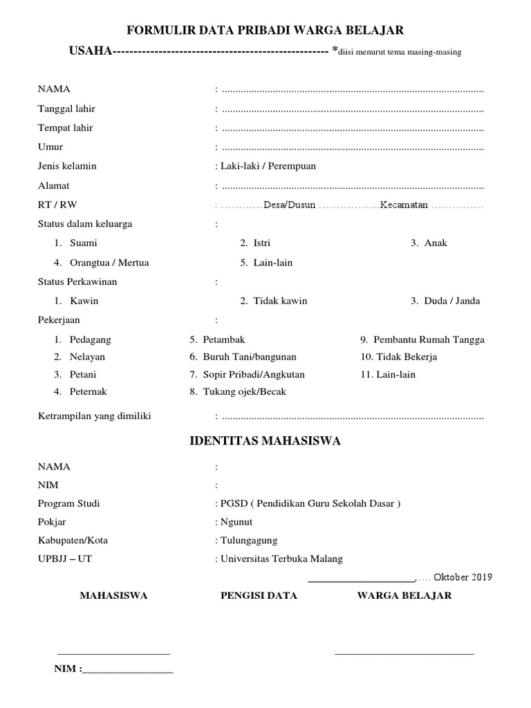 Format FORMULIR DATA PRIBADI WARGA BELAJAR | PDF