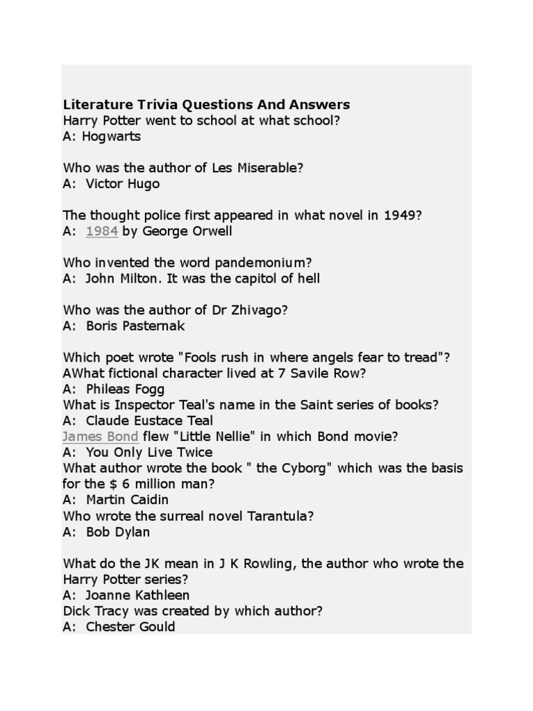 Literature Trivia Questions and Answers | PDF