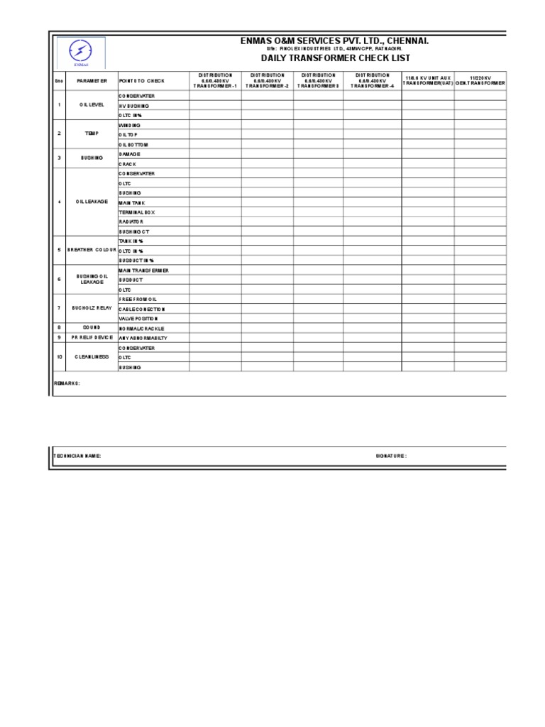 Transformer Daily Checklist Guide | PDF | Technology & Engineering