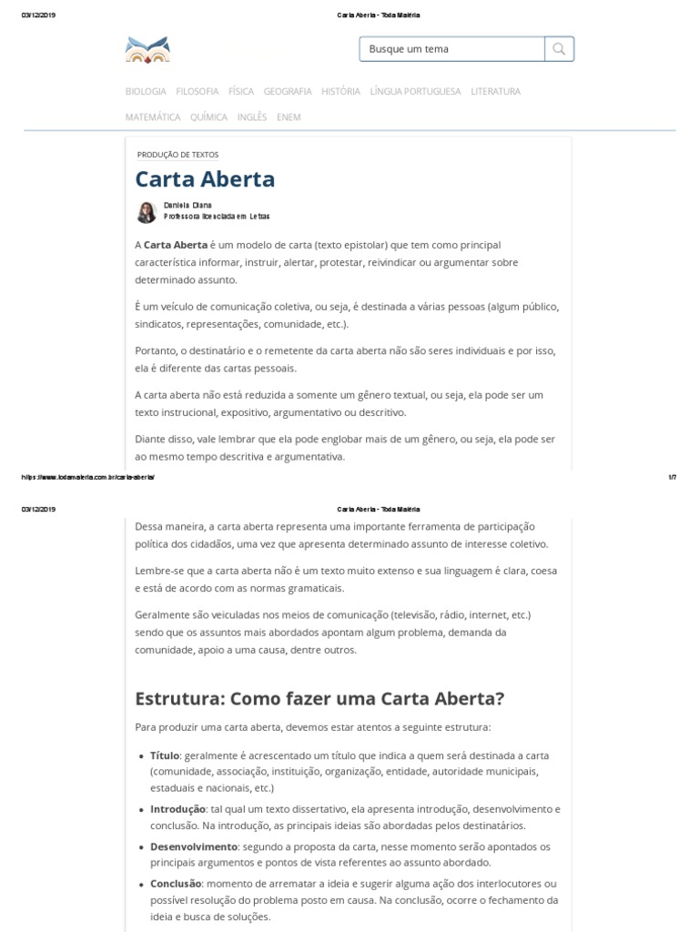 Carta Aberta - Toda Matéria