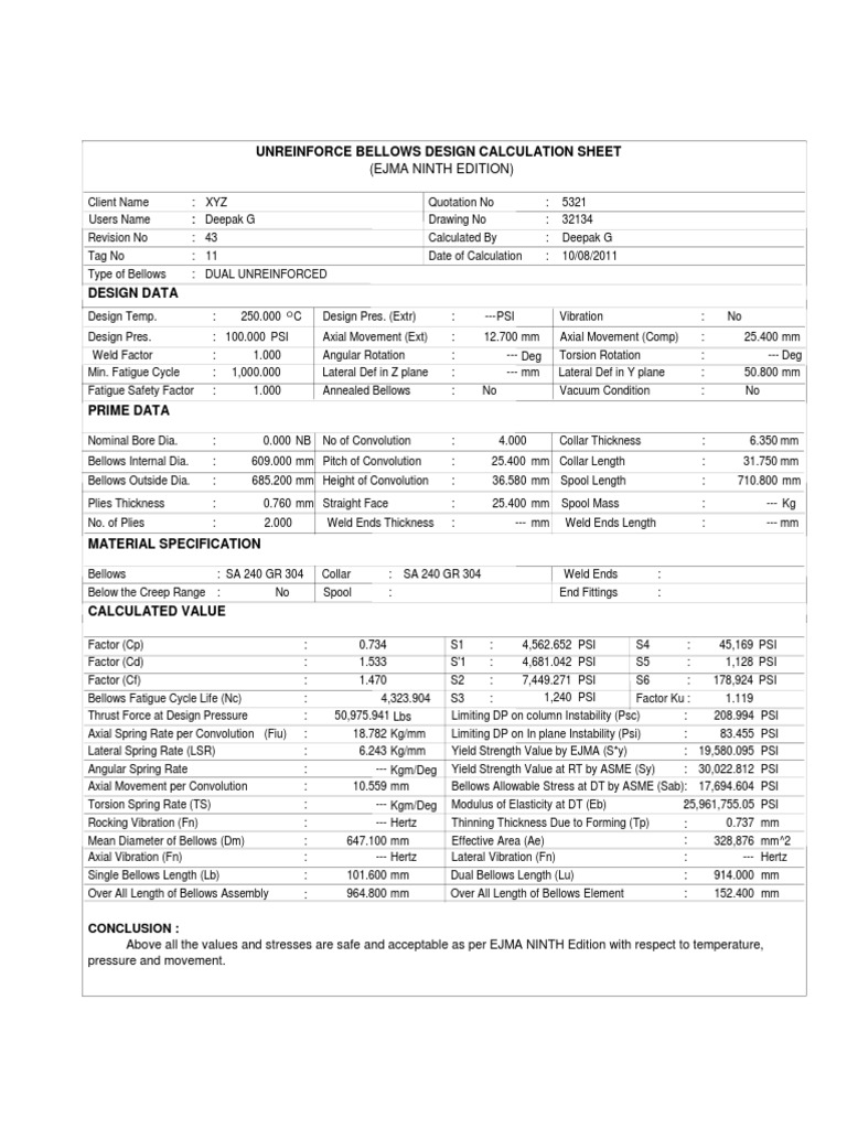 Unreinforced Bellows Design Calculations | PDF