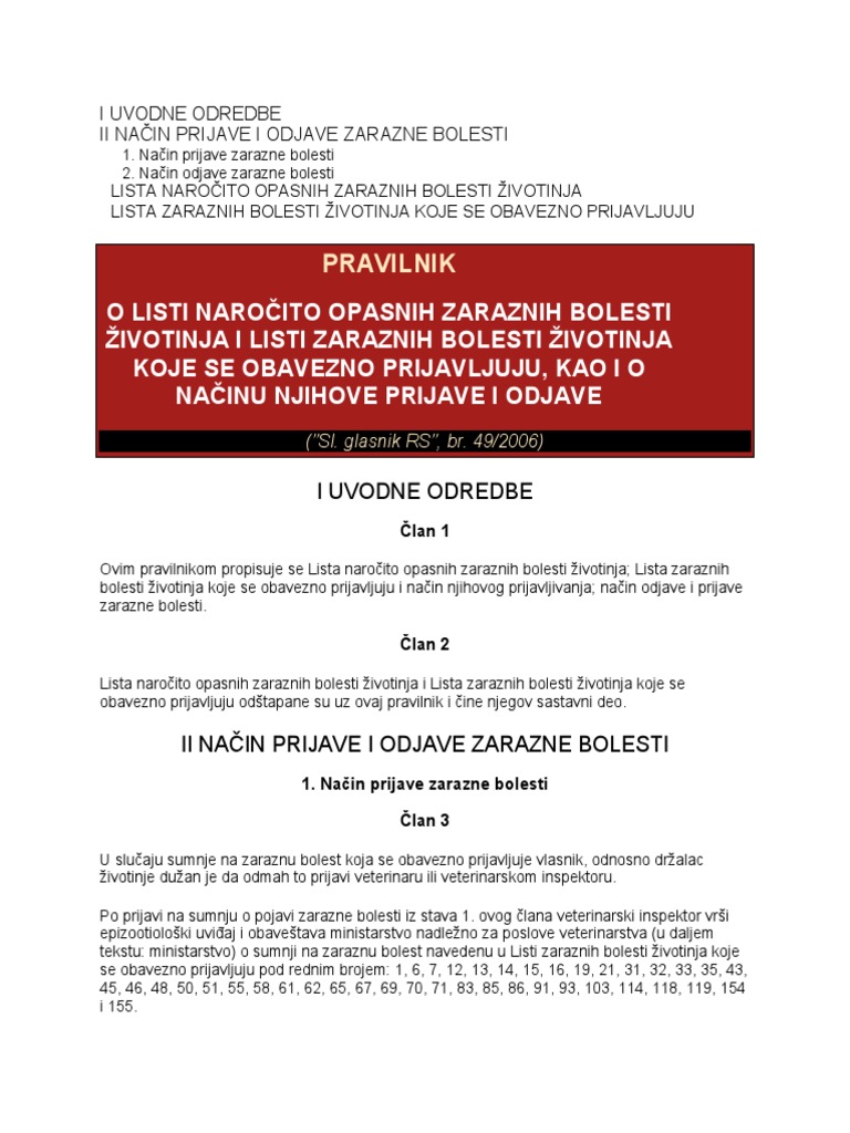 Pravilnik o Listi Narocito Opasnih Zaraznih Bolesti Zivotinja I Listi Zaraznih Bolesti Zivotinja ...