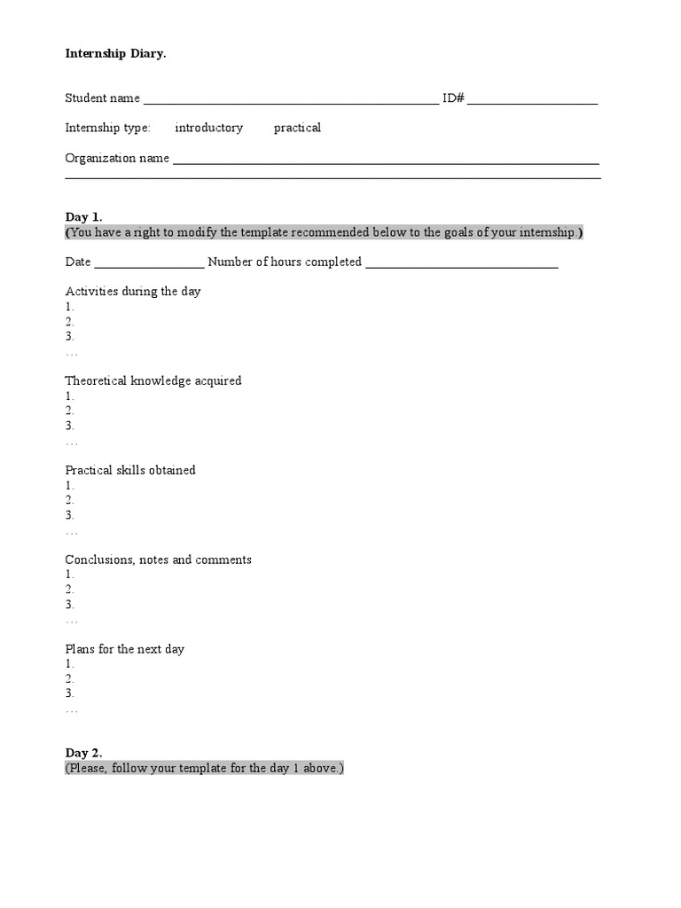 Internship Diary Template - Eng | PDF