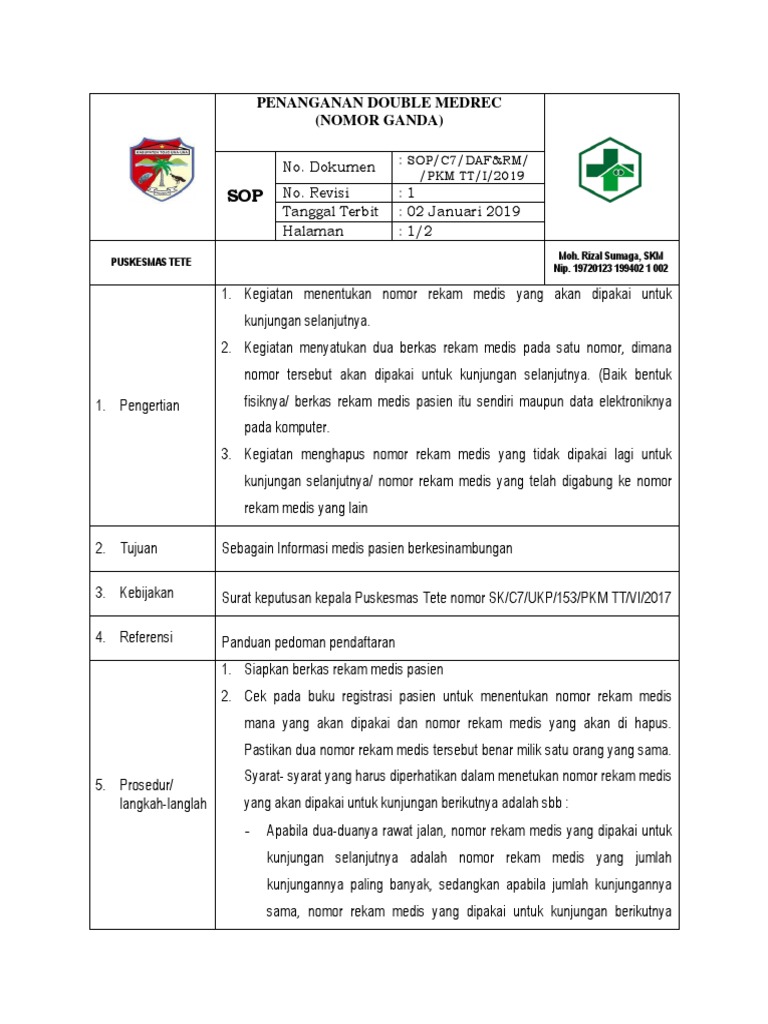 Sop Pendaftaran Rekam Medik Ganda | PDF