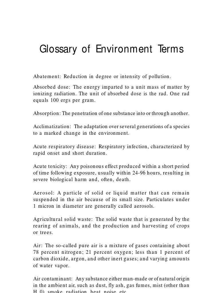 Glossary of Environment Terms: Abatement: Absorbed Dose | PDF | Waste | Atmosphere Of Earth