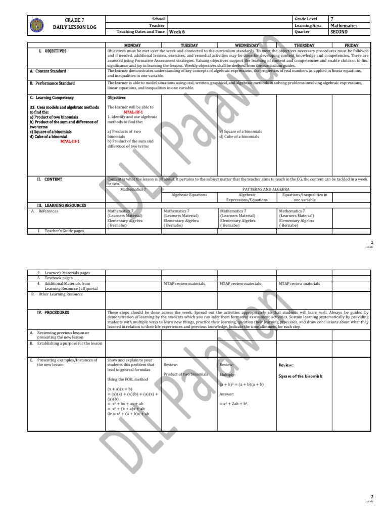 DLL Math Grade7 Quarter2 Week6 (Palawan Division) | PDF
