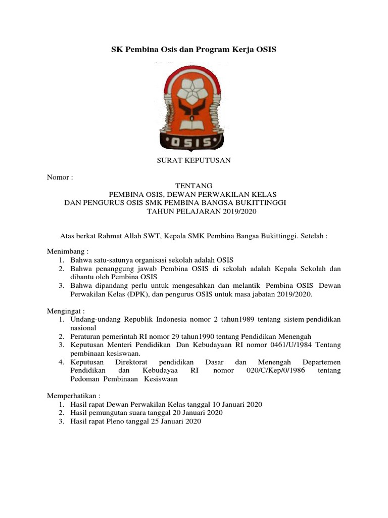 SK Pembina Osis Dan Program Kerja OSIS | PDF